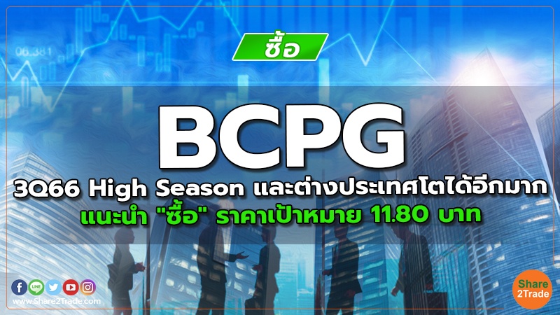 BCPG 3Q66 High Season และต่างประเทศโตได้อีกมาก แนะนำ "ซื้อ" ราคาเป้าหมาย 11.80 บาท | Share2Trade